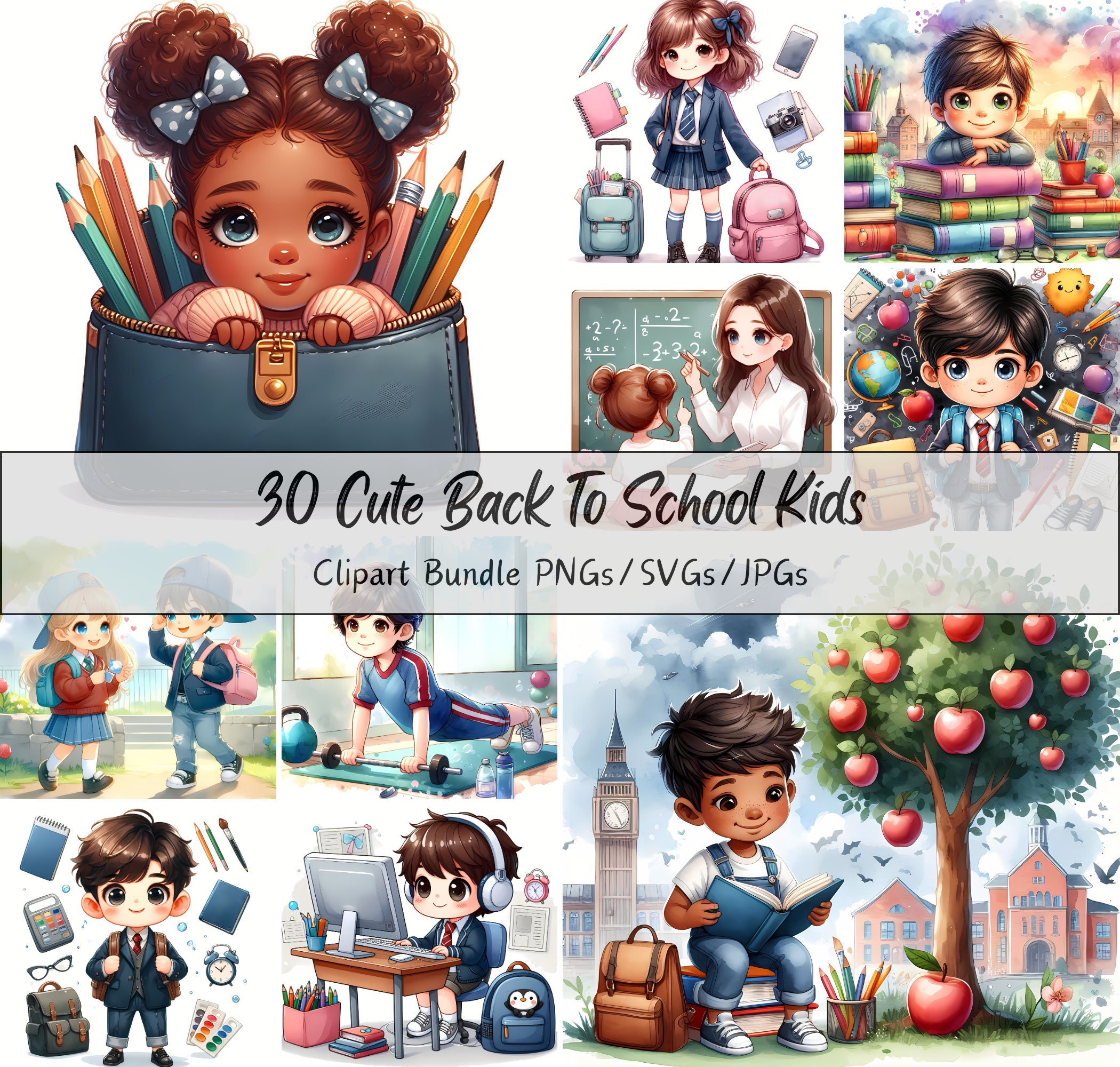 Cute Back to School Kids Clipart Bundle, Watercolor Child Clip Art ...
