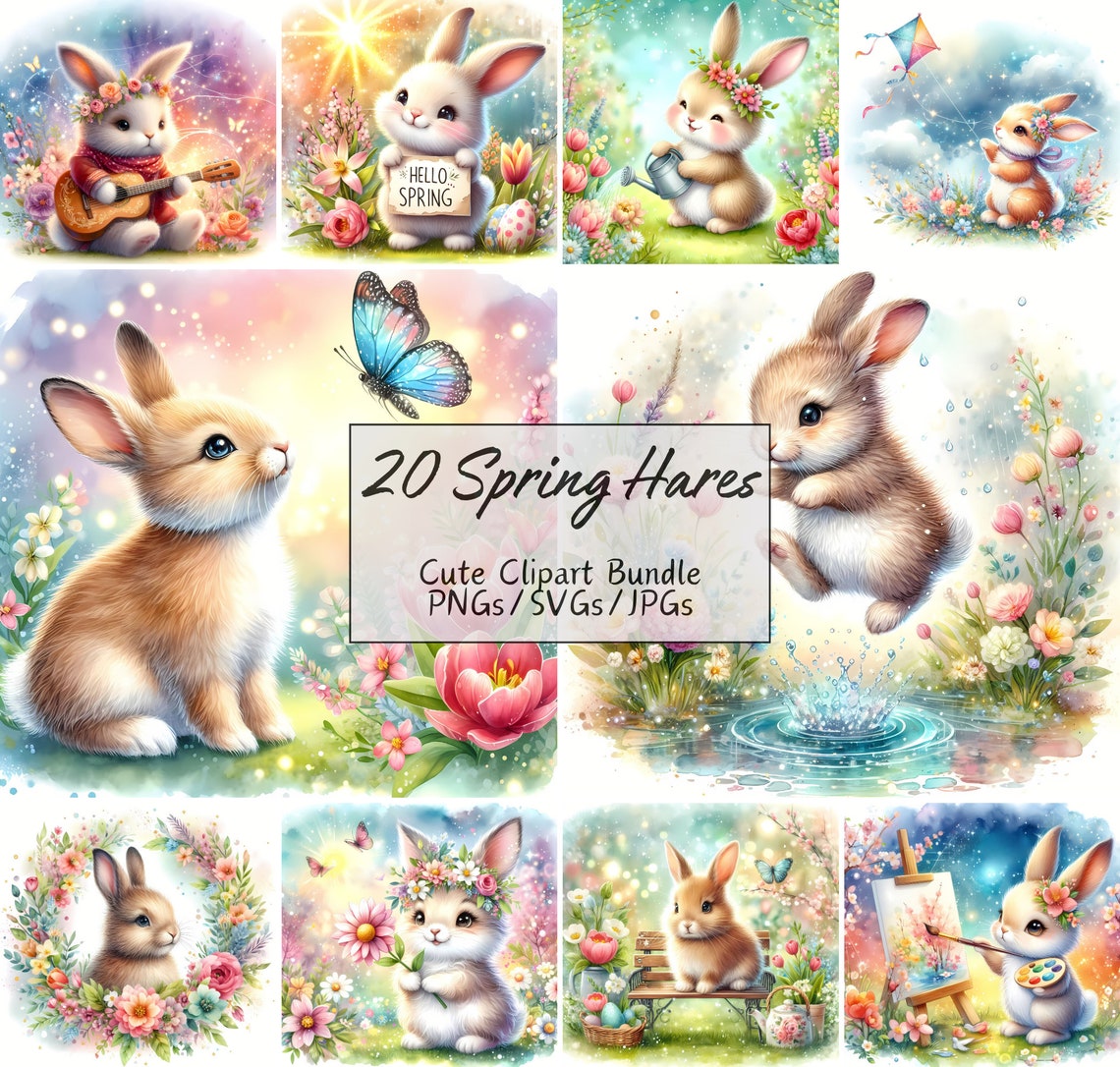 Cute Spring Hares Clipart Bundle, Watercolor Clip Art Images, High ...