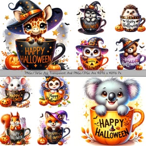 Cute Animals in Halloween Cupcakes, Clipart Bundle, Watercolor Clip Art ...