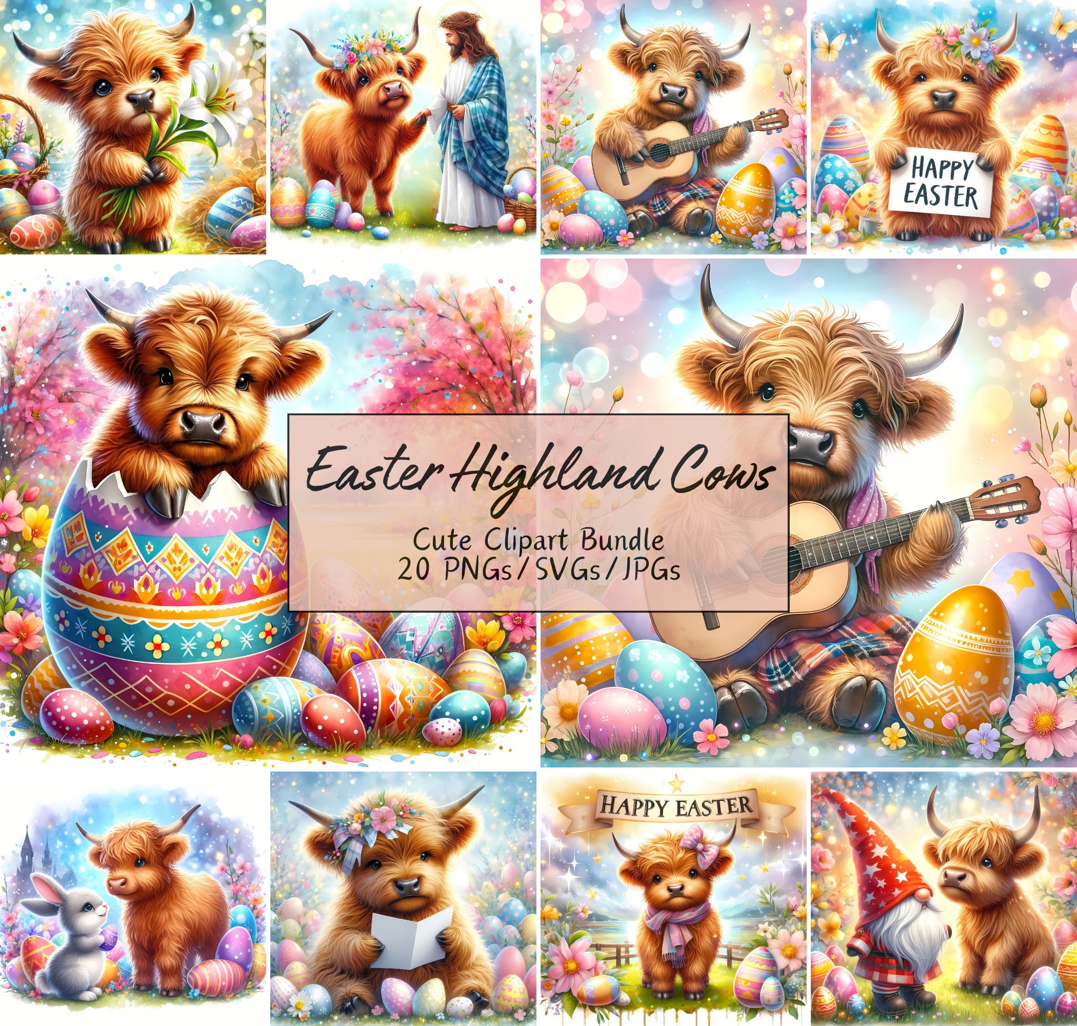 Cute Easter Highland Cow Clipart, Funny Watercolor Animal Images, High ...