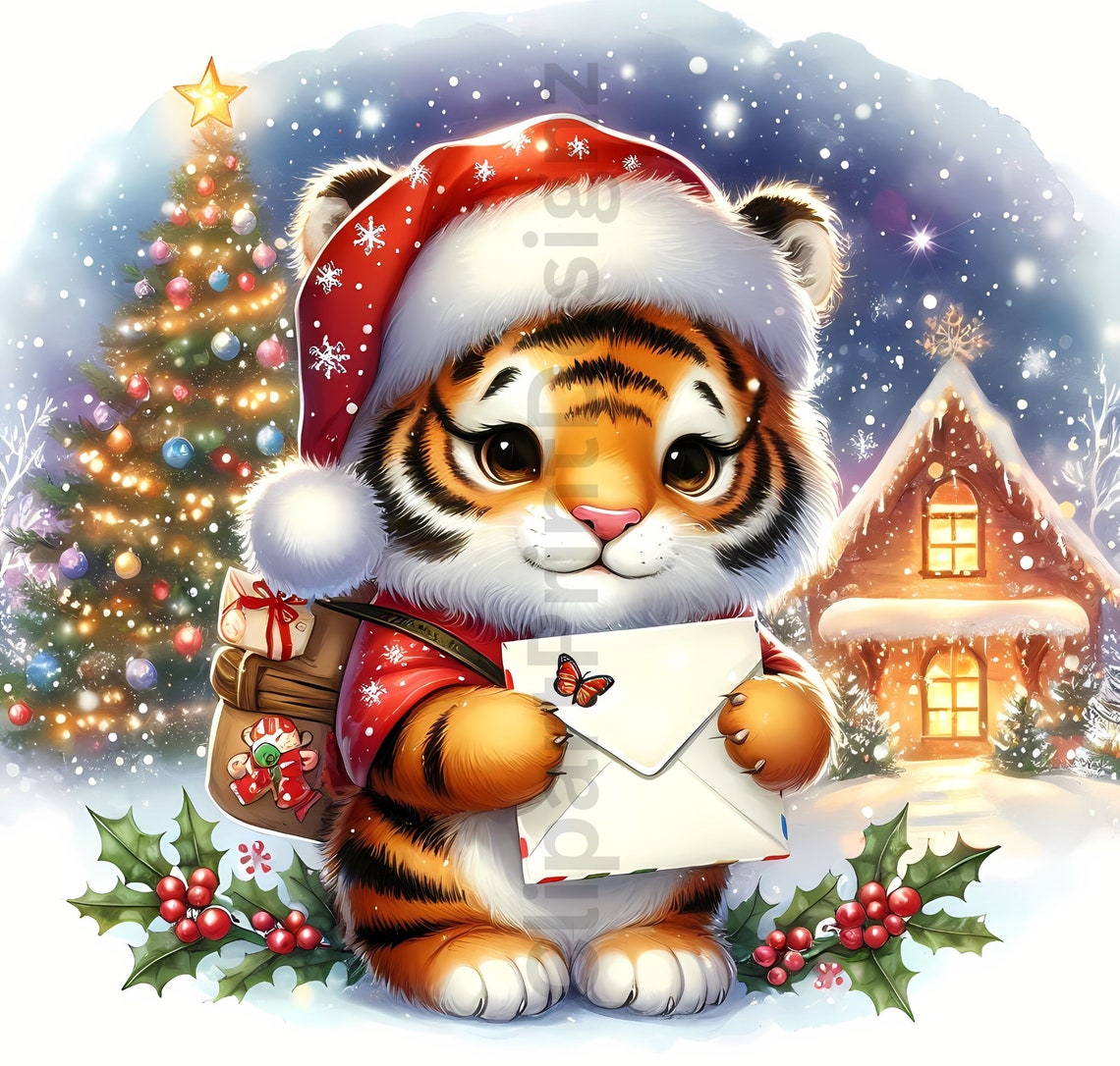 Cute Christmas Tigers Clipart Bundle, Xmas Tiger Clip Art Images ...