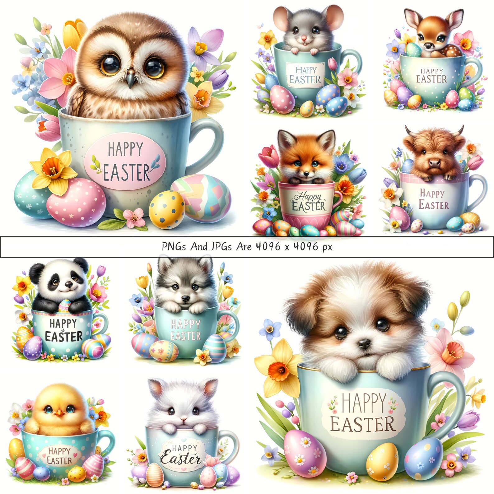 Cute Easter Animals in Easter Cups Clipart Bundle, Watercolor Clip Art ...
