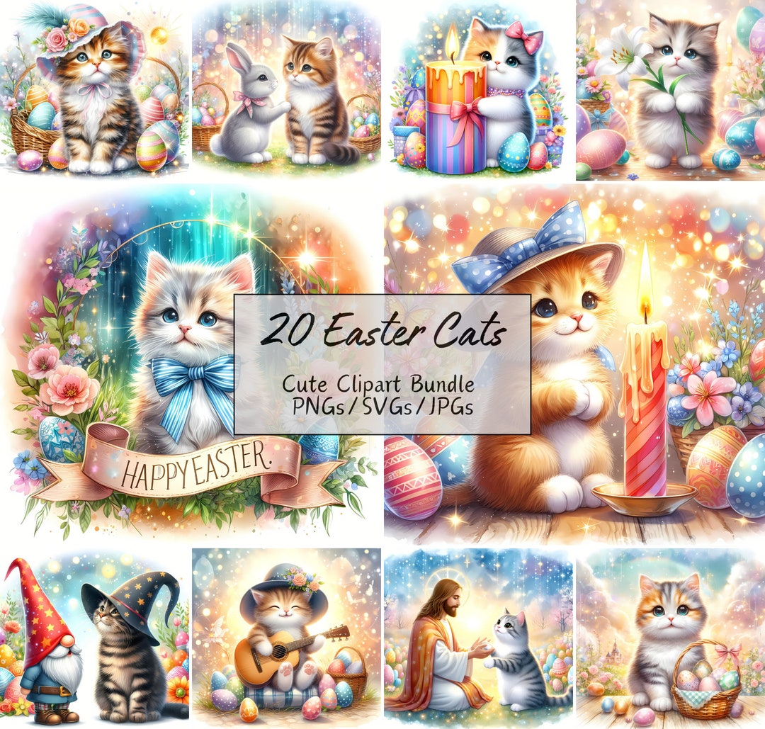 Cute Easter Cats Clipart Bundle, Watercolor Clip Art Images, 20 High ...