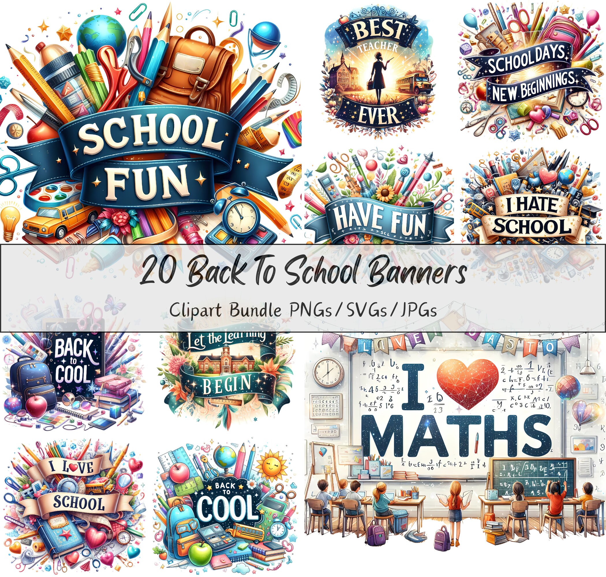 Back to School Banners Clipart Bundle, Watercolor Clip Art Images, High ...