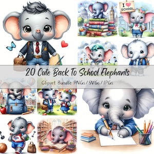 Cute Back to School Elephants Clipart Bundle, Watercolor Elephant Clip ...