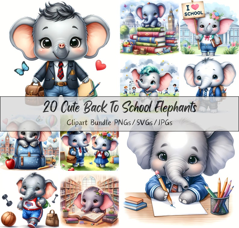 Cute Back to School Elephants Clipart Bundle, Watercolor Elephant Clip ...