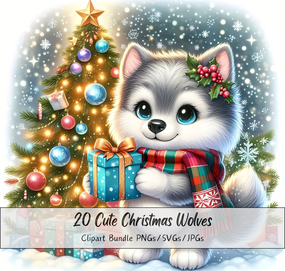 Cute Christmas Wolves Clipart Bundle, Xmas Wolf Clip Art Images ...