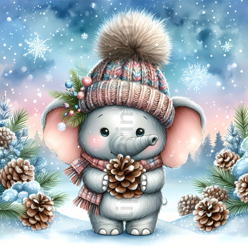 Cute Winter Elephant Clipart Bundle, Festive Watercolor Clip Art Images ...