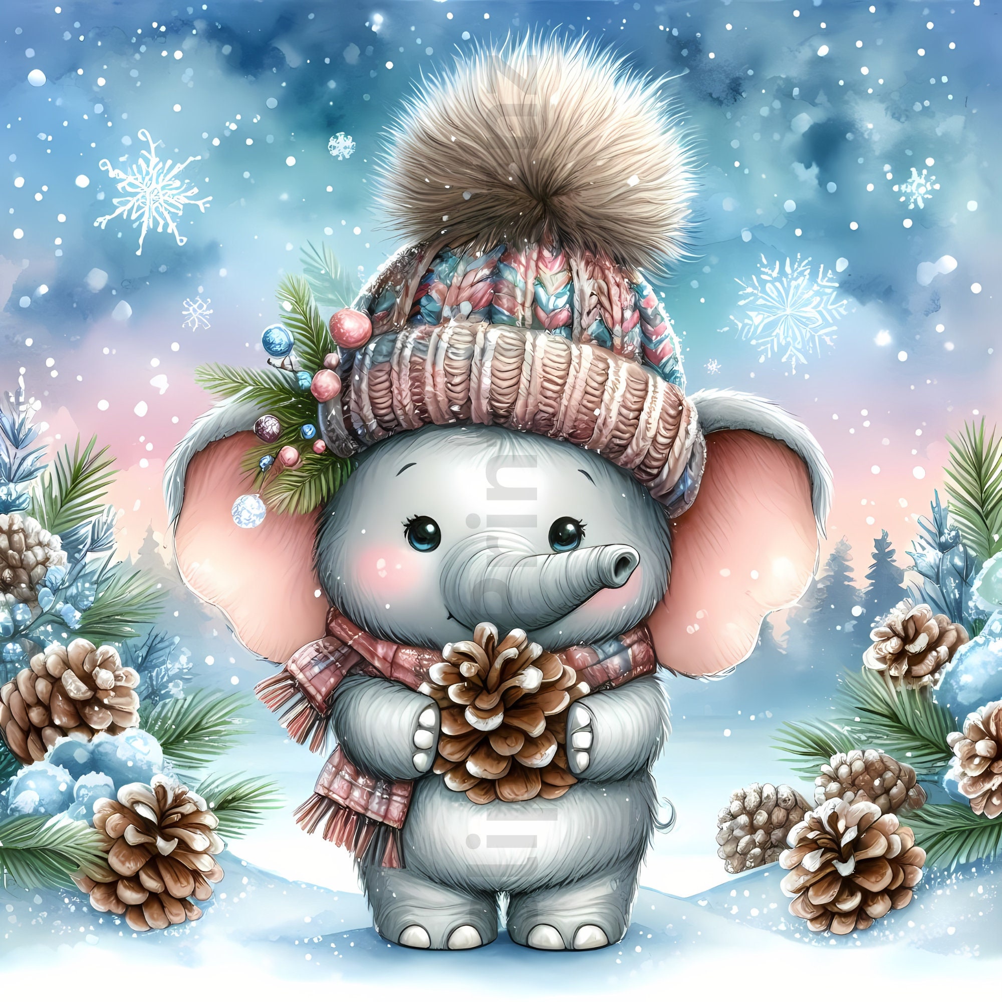 Cute Winter Elephant Clipart Bundle, Festive Watercolor Clip Art Images ...