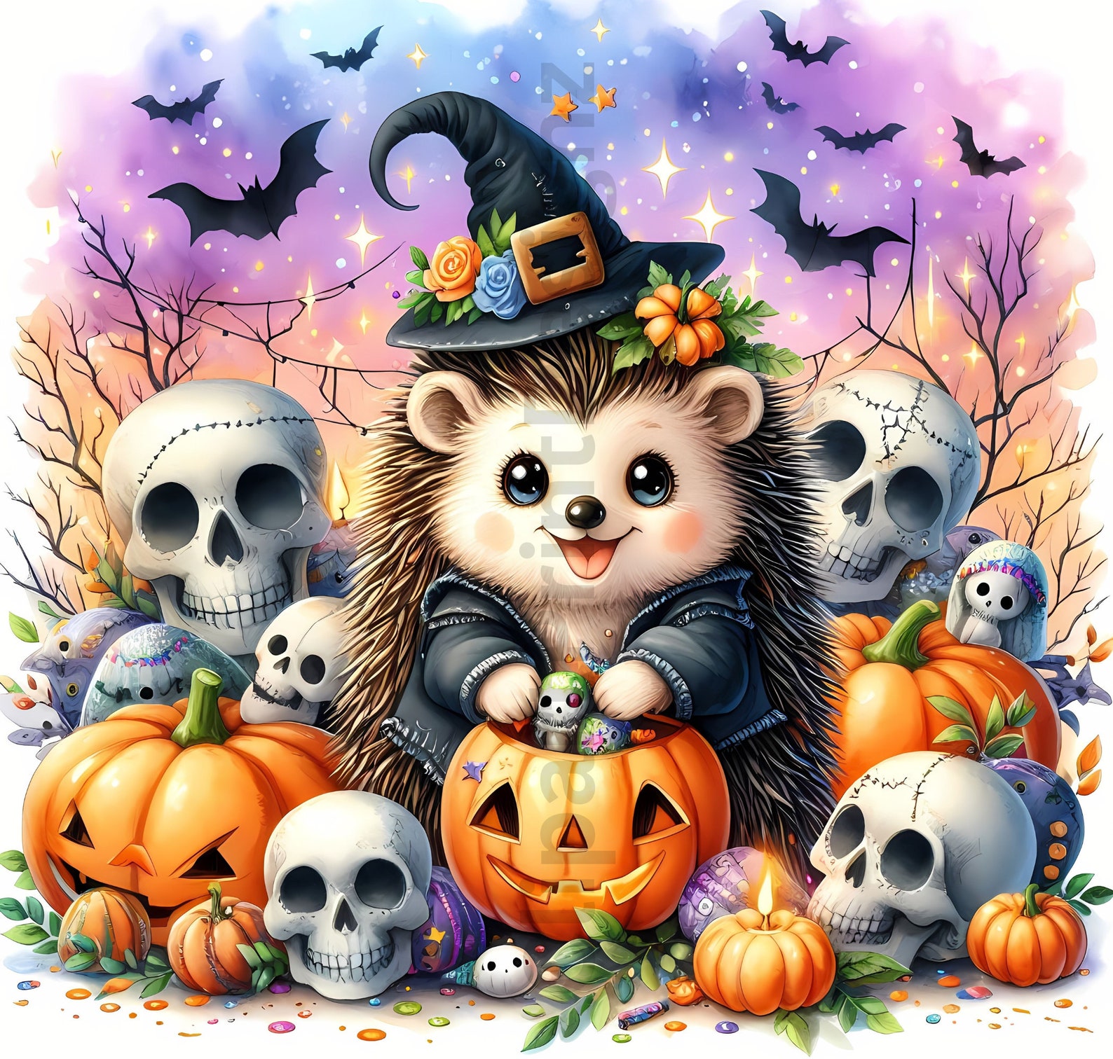 Cute Halloween Hedgehogs Clipart Bundle, Watercolor Hedgehog Clip Art ...