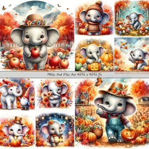 Cute Fall Elephants Clipart Bundle, Watercolor Elephant Clip Art Images ...