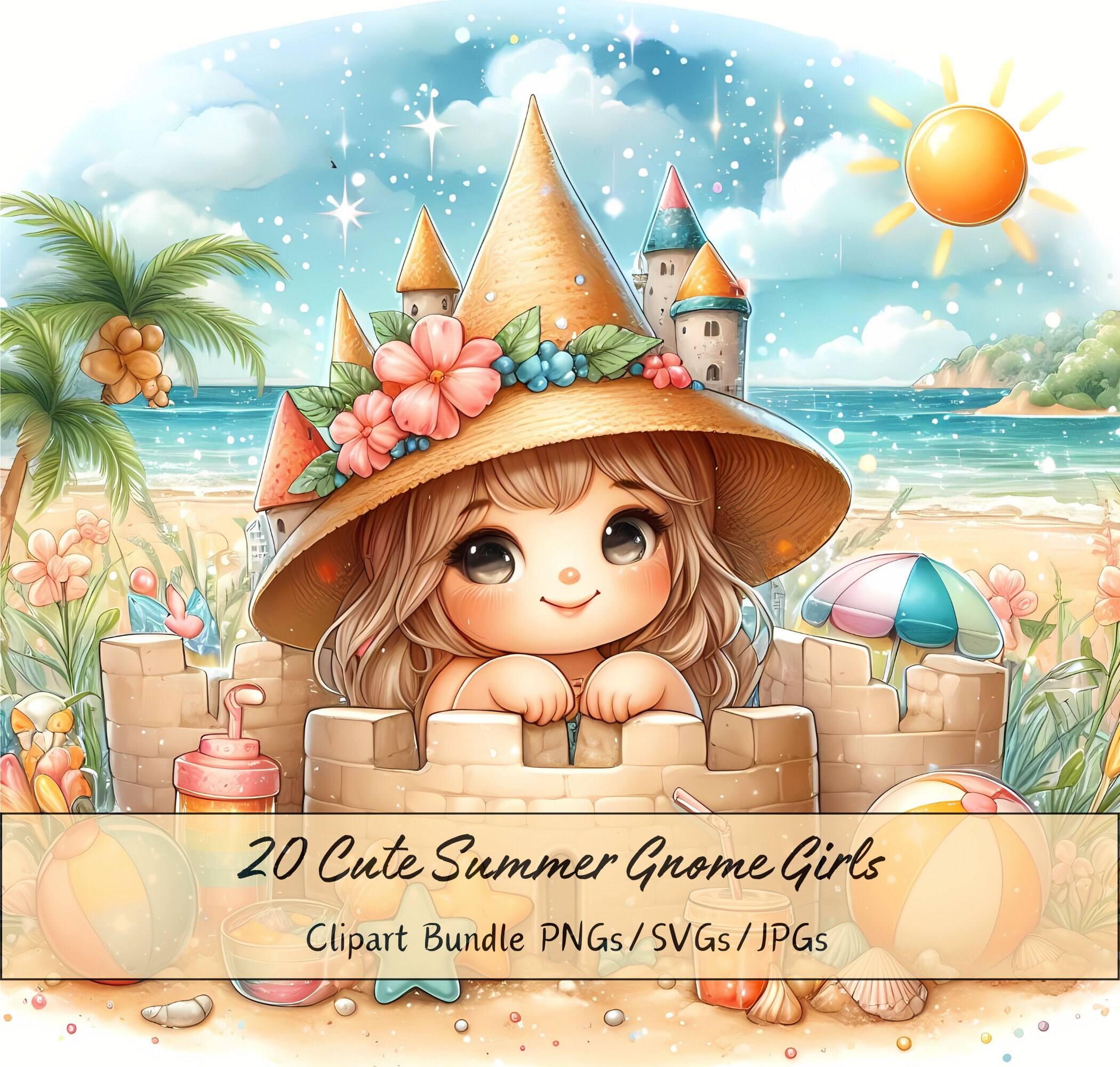 Cute Summer Gnome Girls Clipart Bundle, Watercolor Gomes Clip Art ...