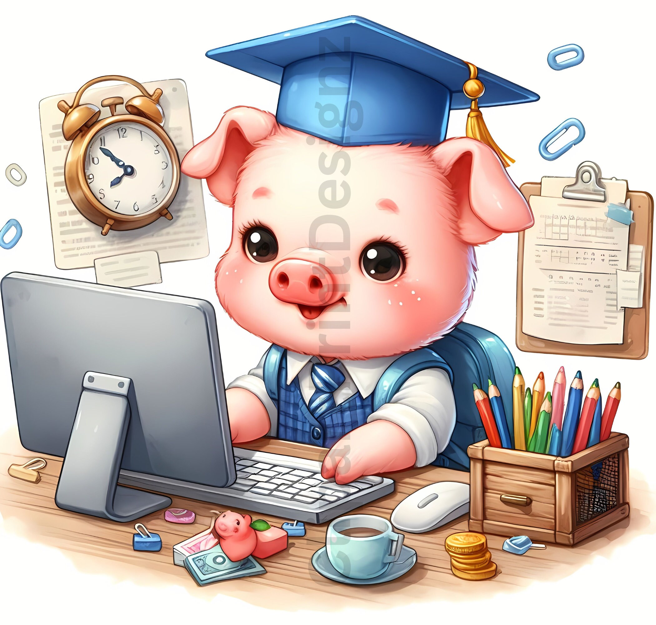 Cute Back to School Pigs Clipart Bundle, Watercolor Pig Clip Art Images ...
