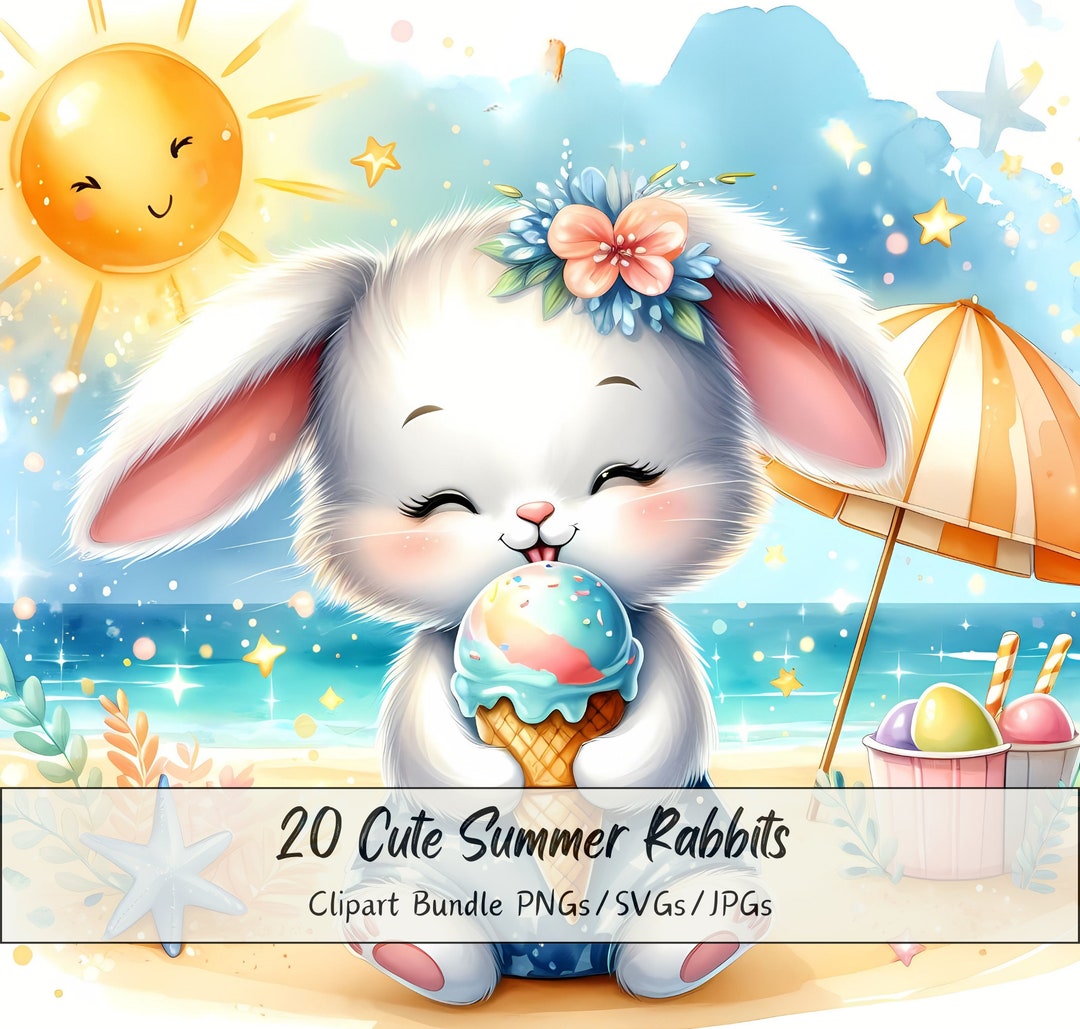 Cute Summer Rabbits Clipart Bundle, Watercolor Rabbit Clip Art Images ...