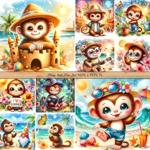 Cute Summer Monkeys Clipart Bundle, Watercolor Monkey Clip Art Images ...