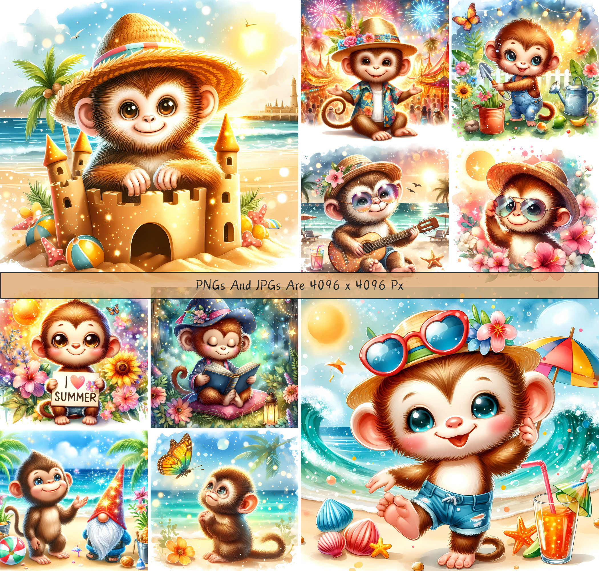 Cute Summer Monkeys Clipart Bundle, Watercolor Monkey Clip Art Images ...