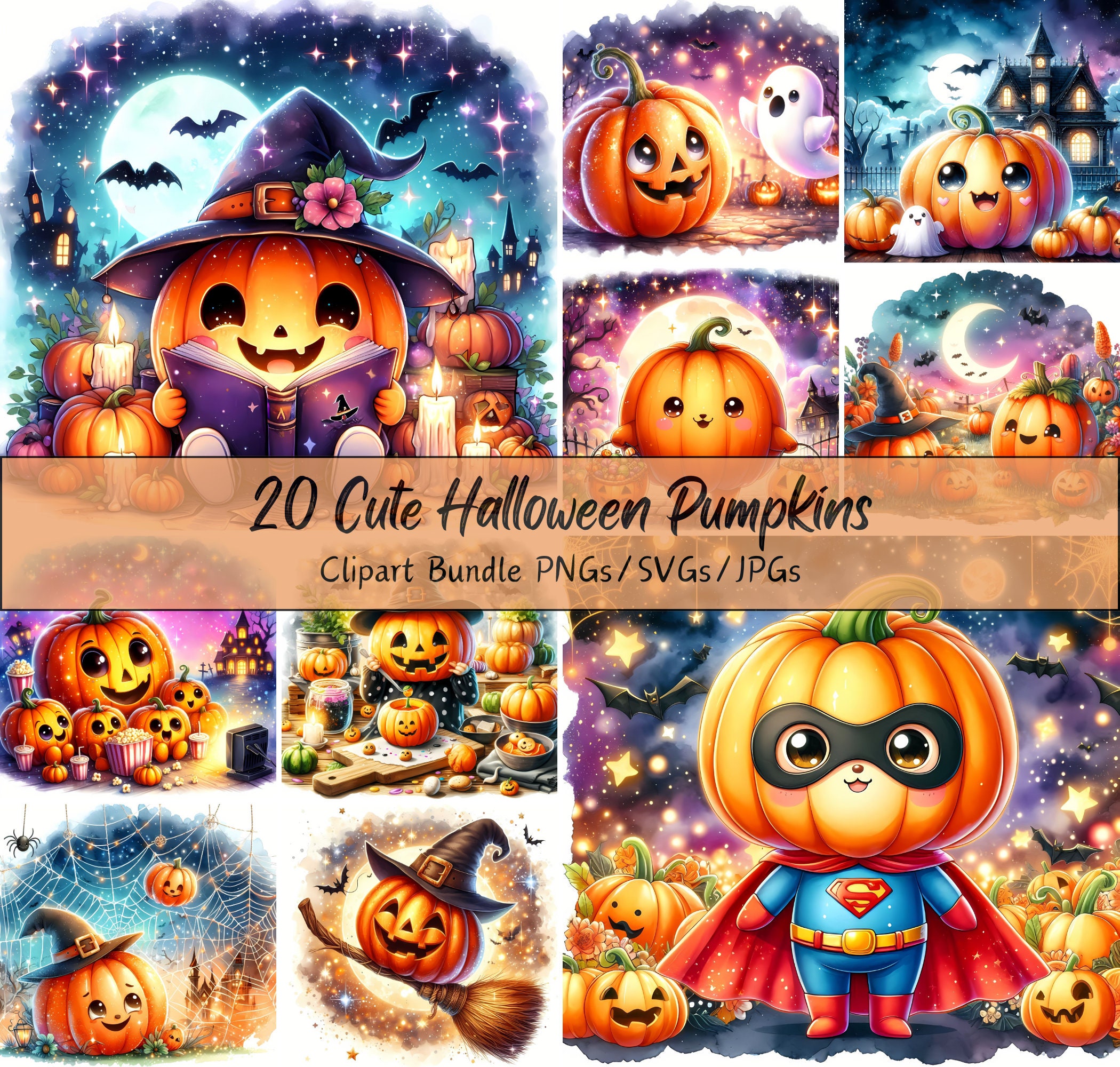 Cute Halloween Pumpkins Clipart Bundle, Watercolor Pumpkin Clip Art ...