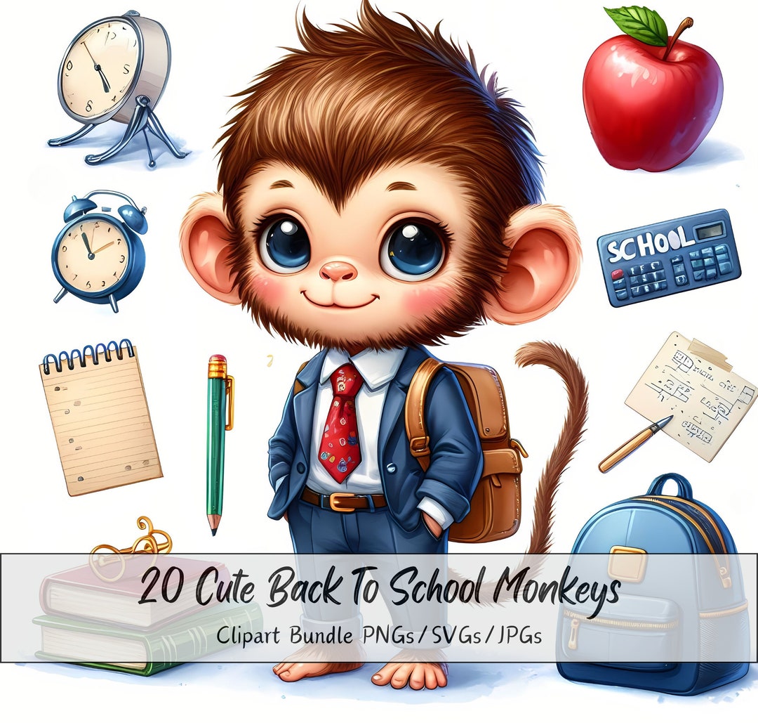 Cute Back to School Moneys Clipart Bundle, Watercolor Monkey Clip Art ...