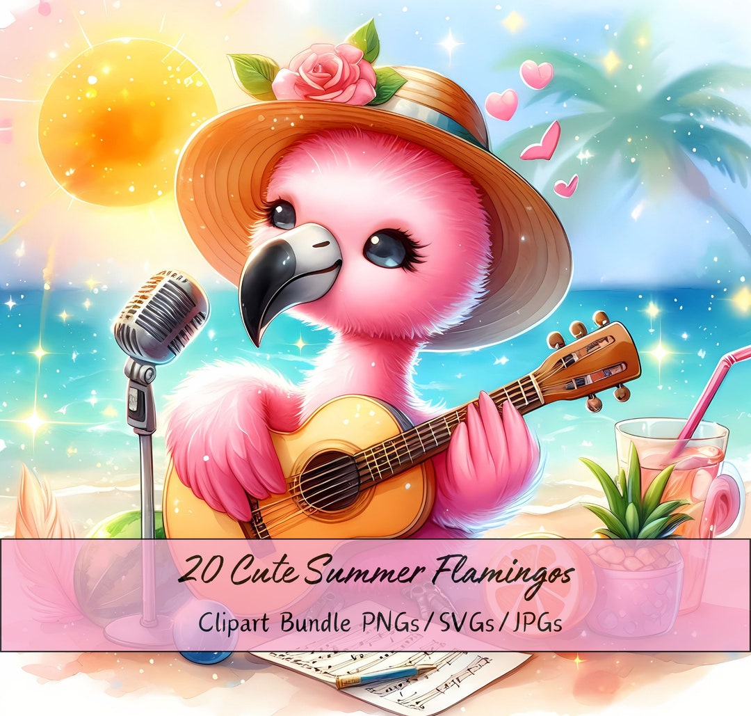 Cute Summer Flamingos Clipart Bundle, Watercolor Flamingo Clip Art ...