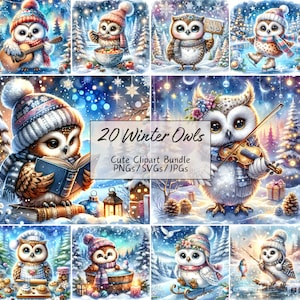 Cute Winter Owl Clipart Bundle, Festive Watercolor Clip Art Images, 20 ...