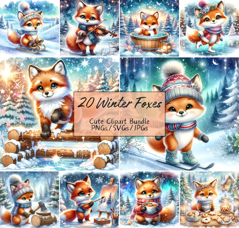 Cute Winter Fox Clipart Bundle, Festive Watercolor Clip Art Images, 20 ...