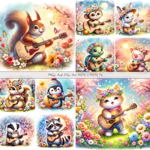Cute Spring Animals Playing on Guitars Clipart Bundle, Watercolor Clip ...