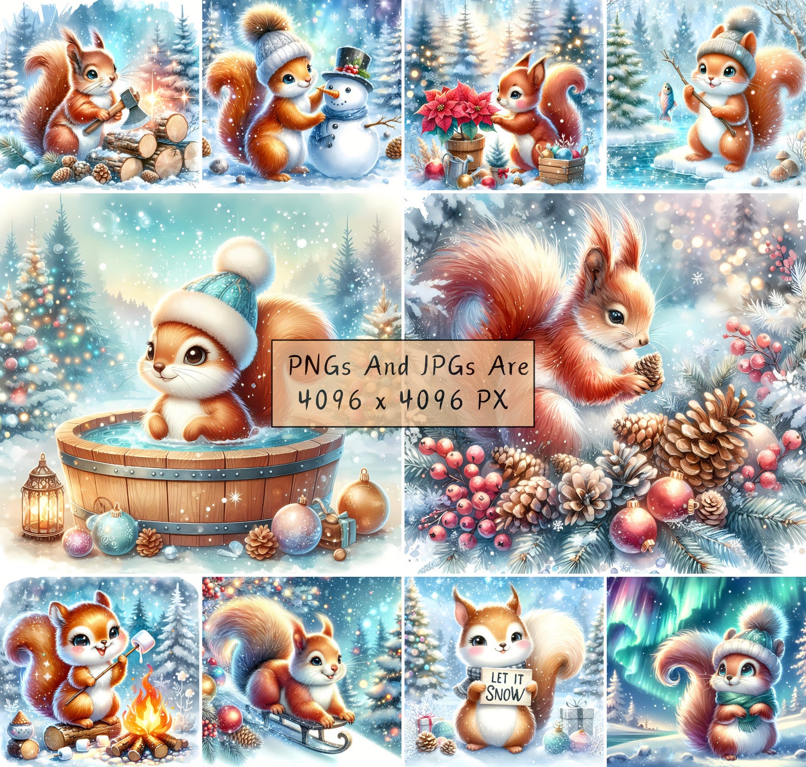 Cute Winter Squirrel Clipart Bundle, Festive Watercolor Clip Art Images ...