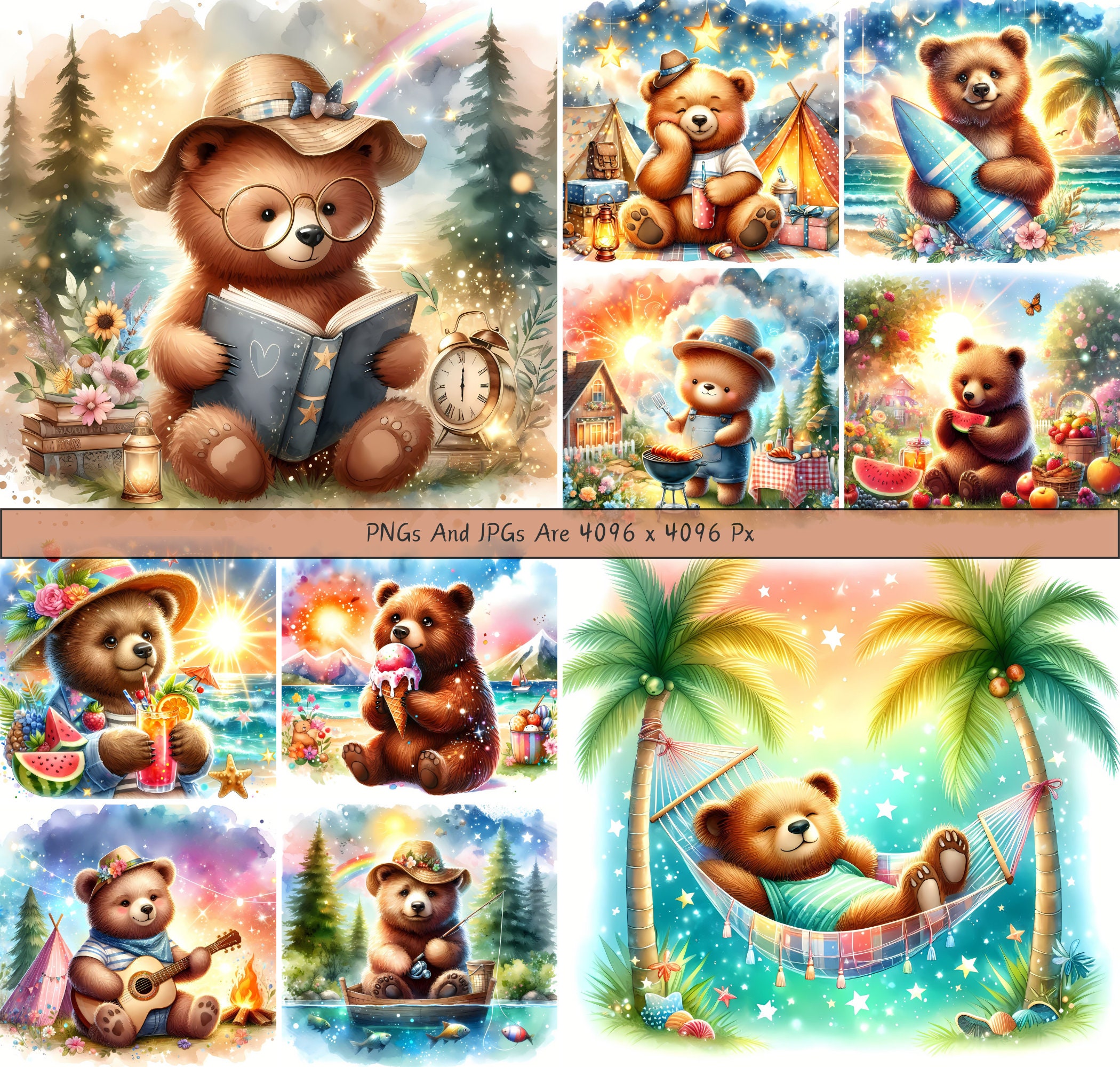 Cute Summer Bears Clipart Bundle, Watercolor Bear Clip Art Images, High ...
