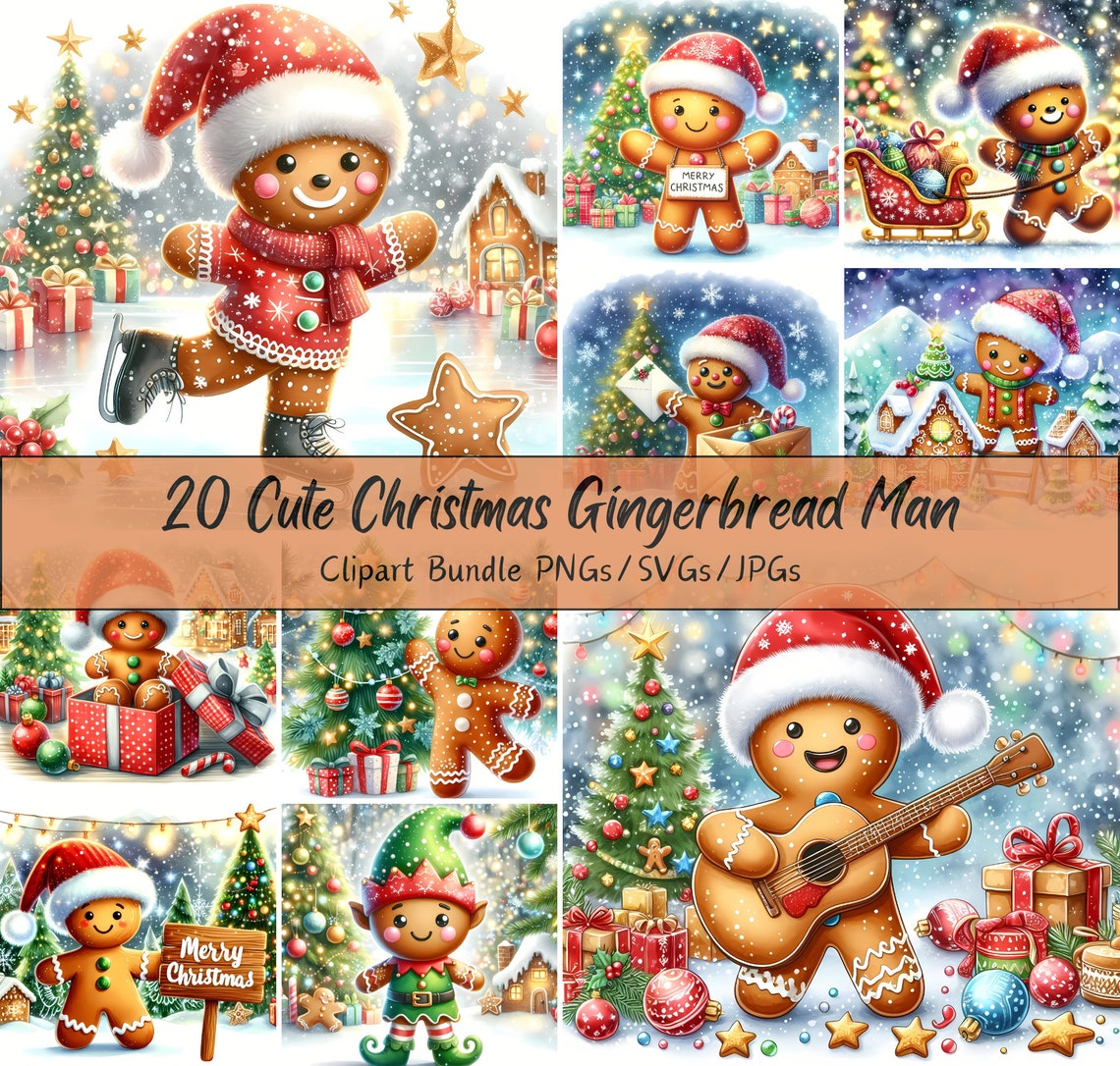 Cute Christmas Gingerbread Man Clipart Bundle, Xmas Men Clip Art Images ...