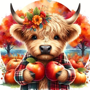 Cute Fall Highland Cows Clipart Bundle, Watercolor Autumn Cow Clip Art ...