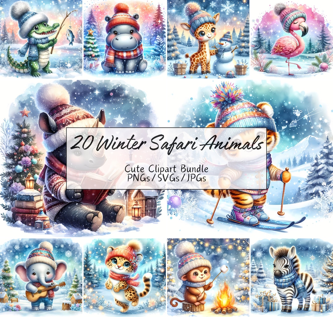 Cute Winter Safari Animals Clipart Bundle, Festive Watercolor Clip Art ...