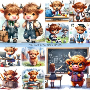 Cute Back to School Highland Cows Clipart Bundle, Watercolor Cow Clip ...