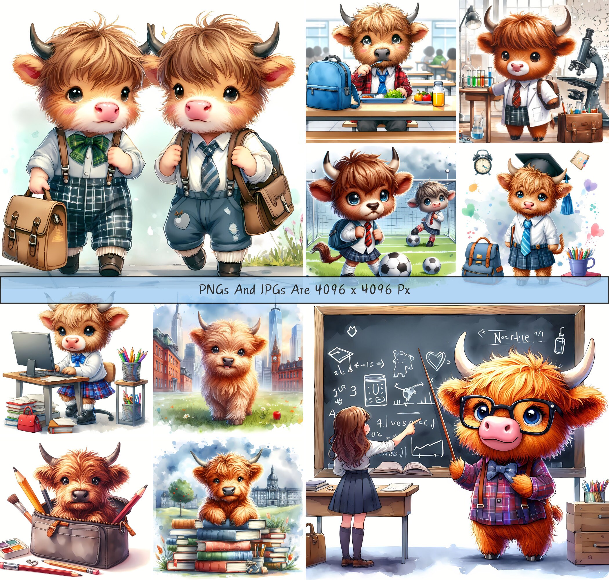 Cute Back to School Highland Cows Clipart Bundle, Watercolor Cow Clip ...