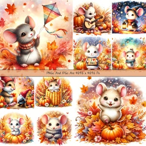 Cute Fall Mouse Clipart Bundle, Watercolor Autumn Mice Clip Art Images ...