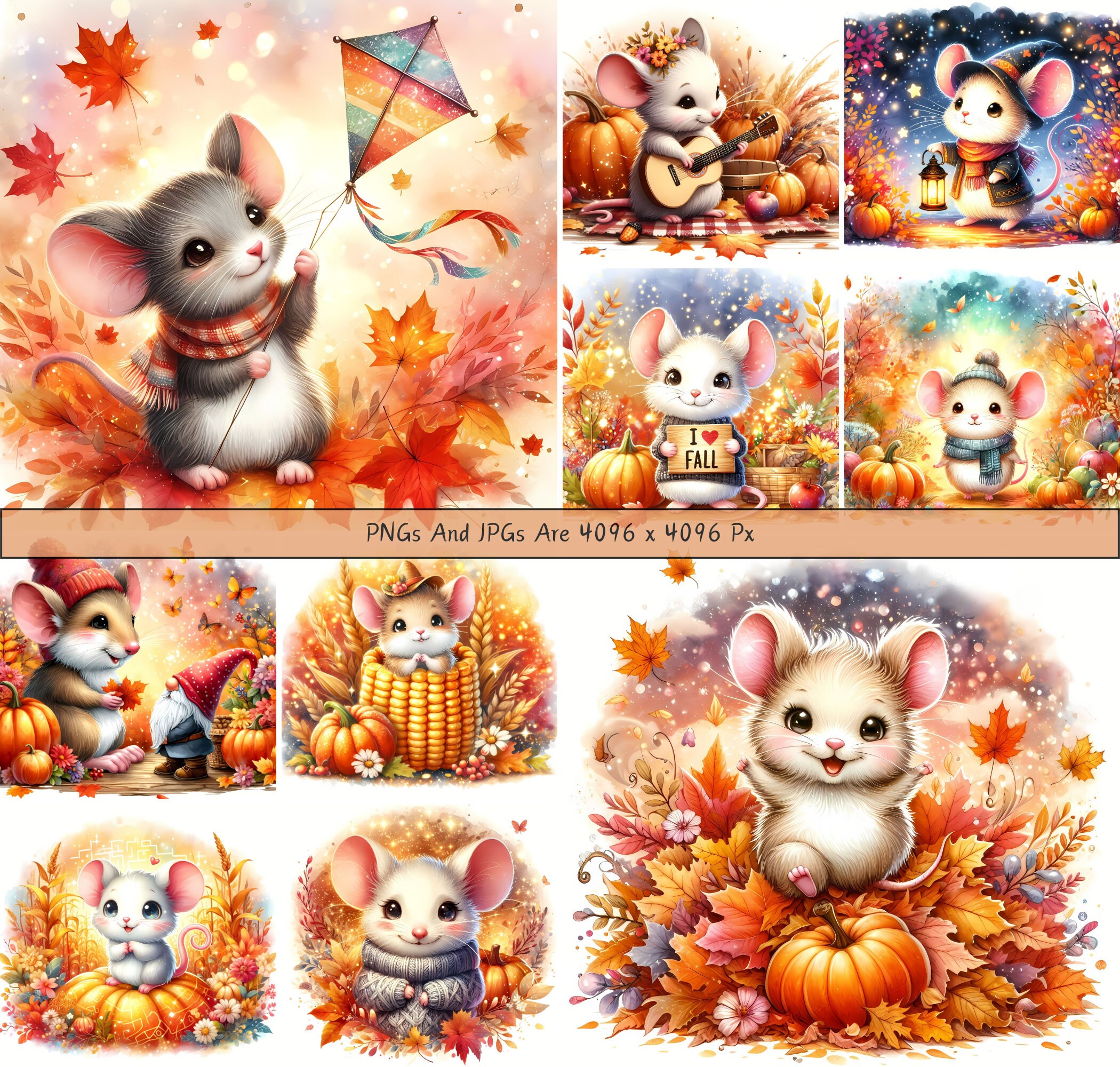 Cute Fall Mouse Clipart Bundle, Watercolor Autumn Mice Clip Art Images ...