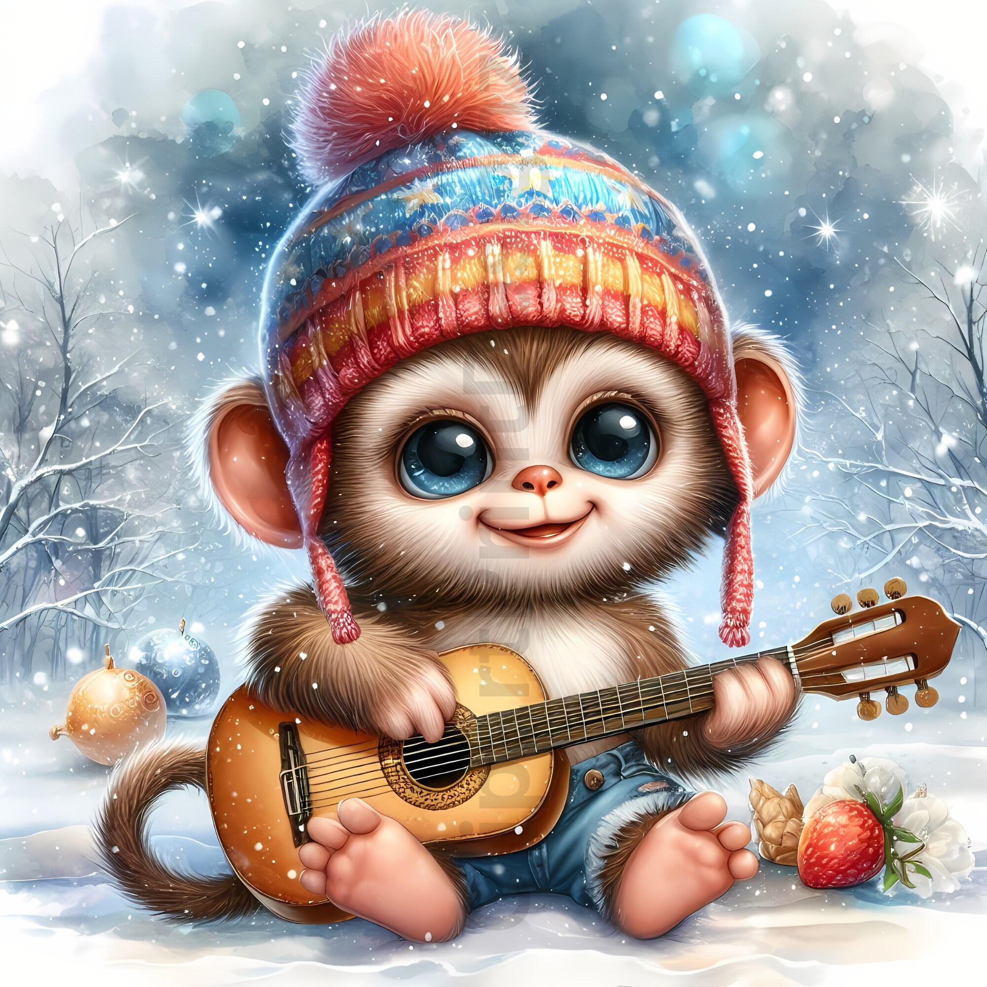 Cute Winter Monkey Clipart Bundle, Festive Watercolor Clip Art Images ...