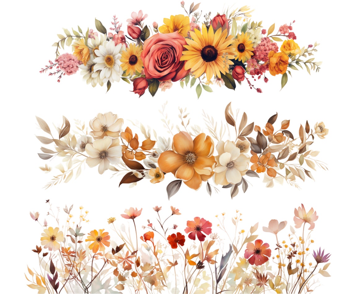 Watercolor Fall Flower Borders, 20 Pngs/jpgs/svgs, Autumn Flowers ...