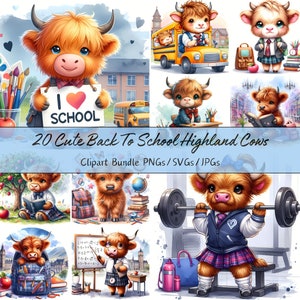 Cute Back to School Highland Cows Clipart Bundle, Watercolor Cow Clip ...