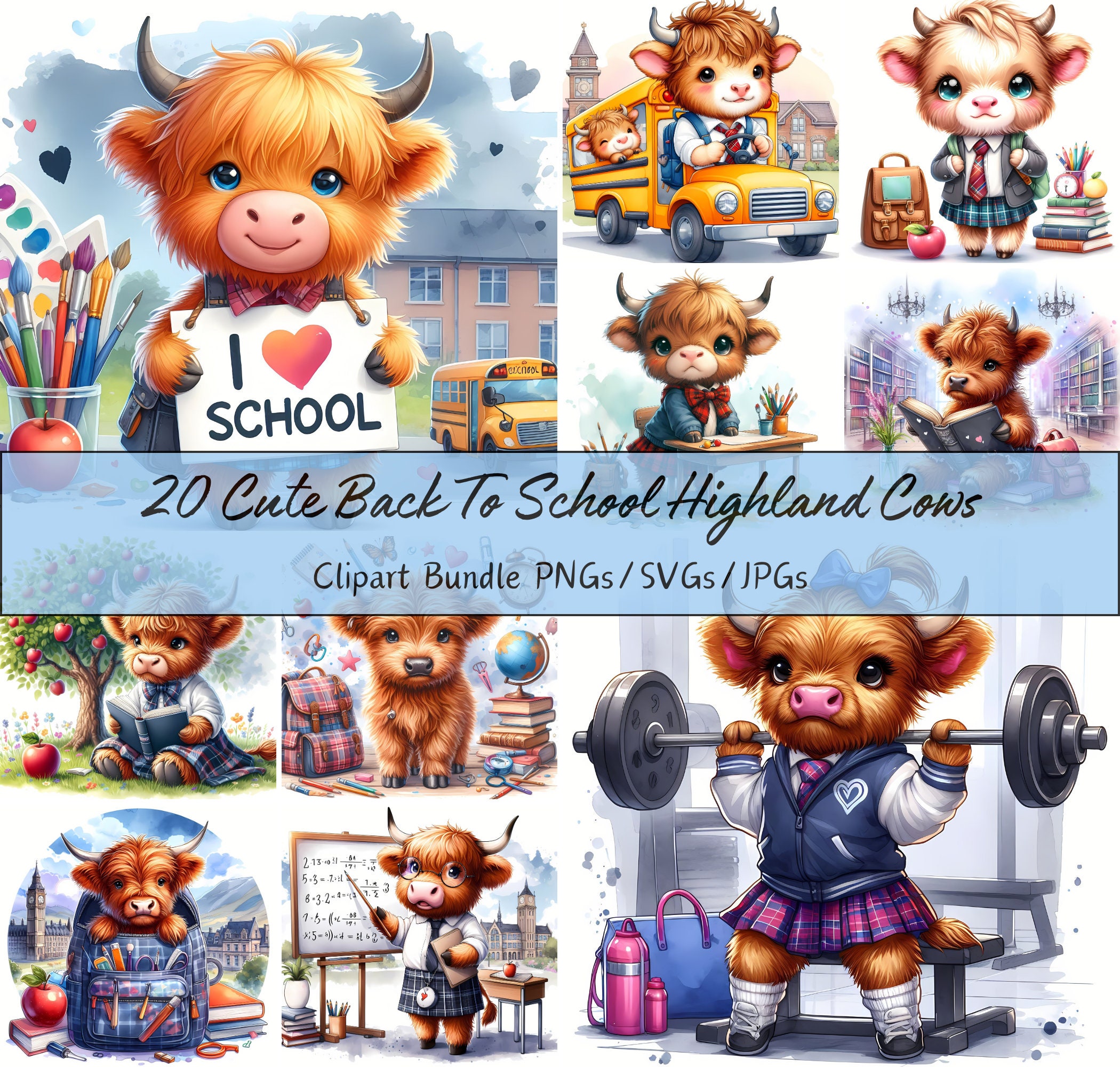 Cute Back to School Highland Cows Clipart Bundle, Watercolor Cow Clip ...