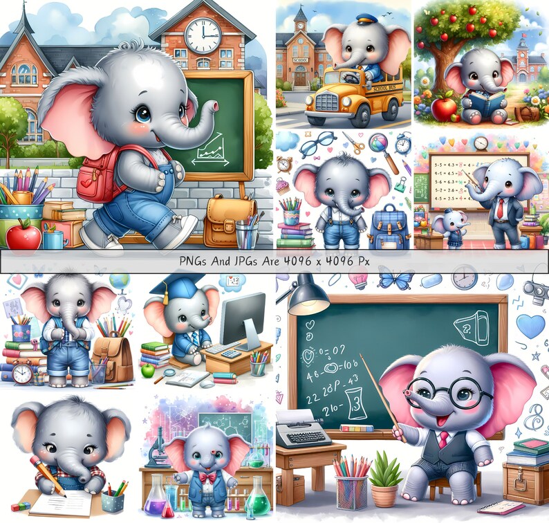 Cute Back to School Elephants Clipart Bundle, Watercolor Elephant Clip ...