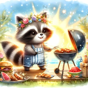 Cute Summer Raccoons Clipart Bundle, Watercolor Raccoon Clip Art Images ...