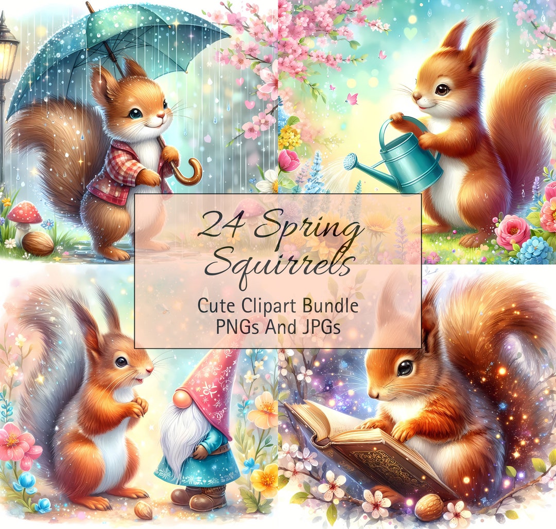 Cute Spring Squirrels Clipart Bundle, Watercolor Clip Art Images, 24 ...