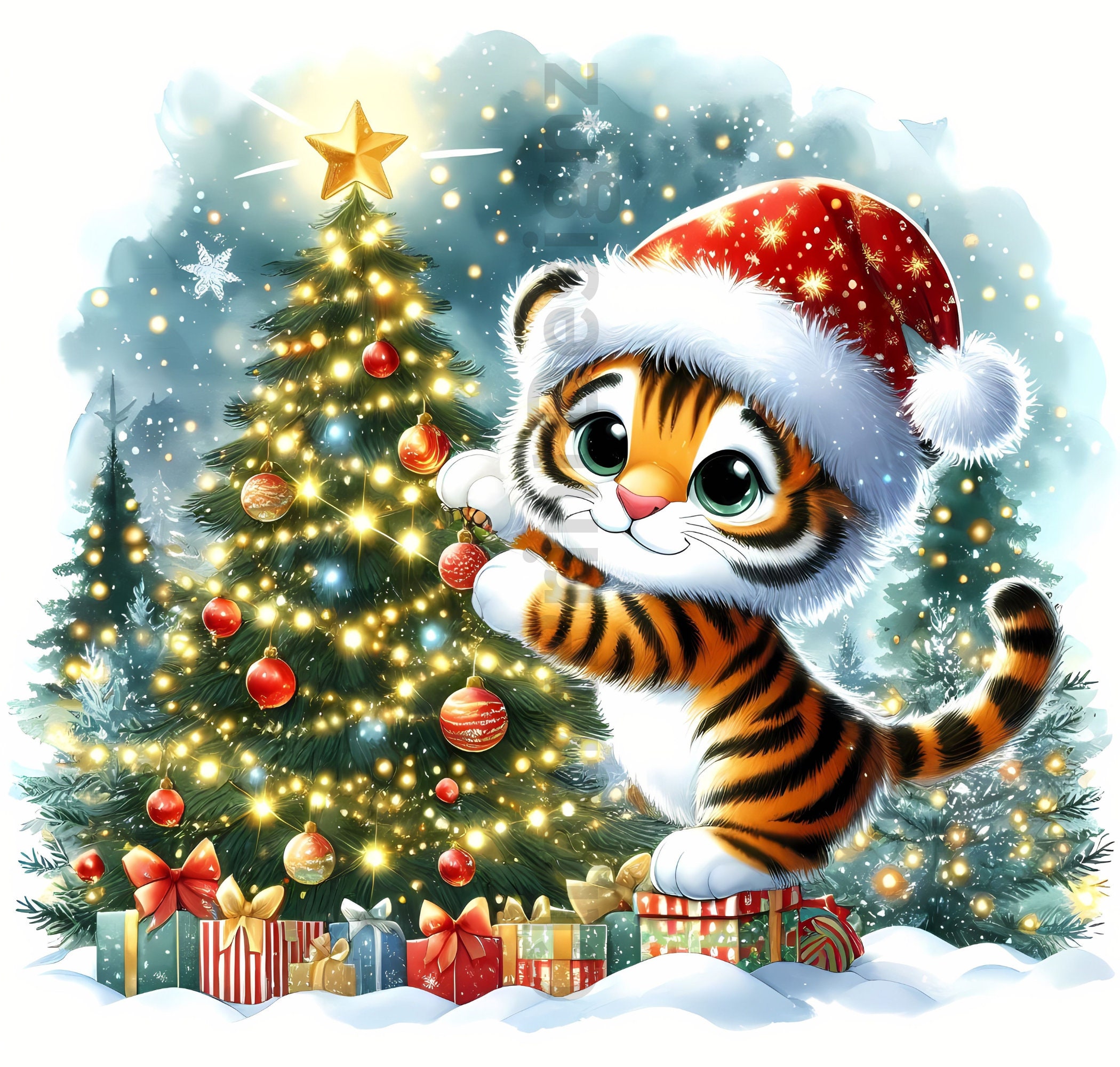 Cute Christmas Tigers Clipart Bundle, Xmas Tiger Clip Art Images ...