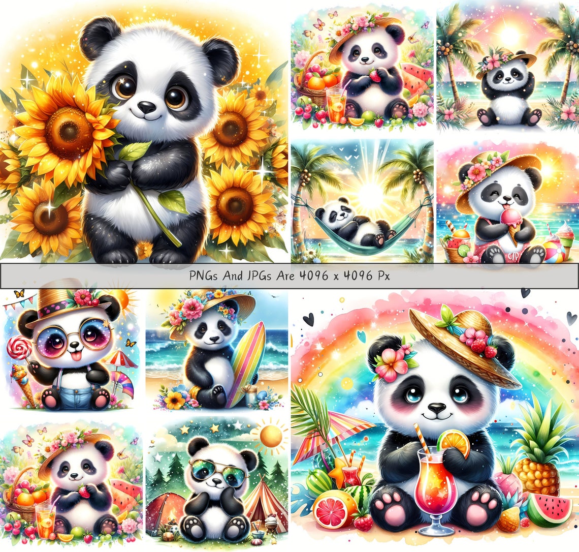 Cute Summer Pandas Clipart Bundle, Watercolor Panda Clip Art Images ...