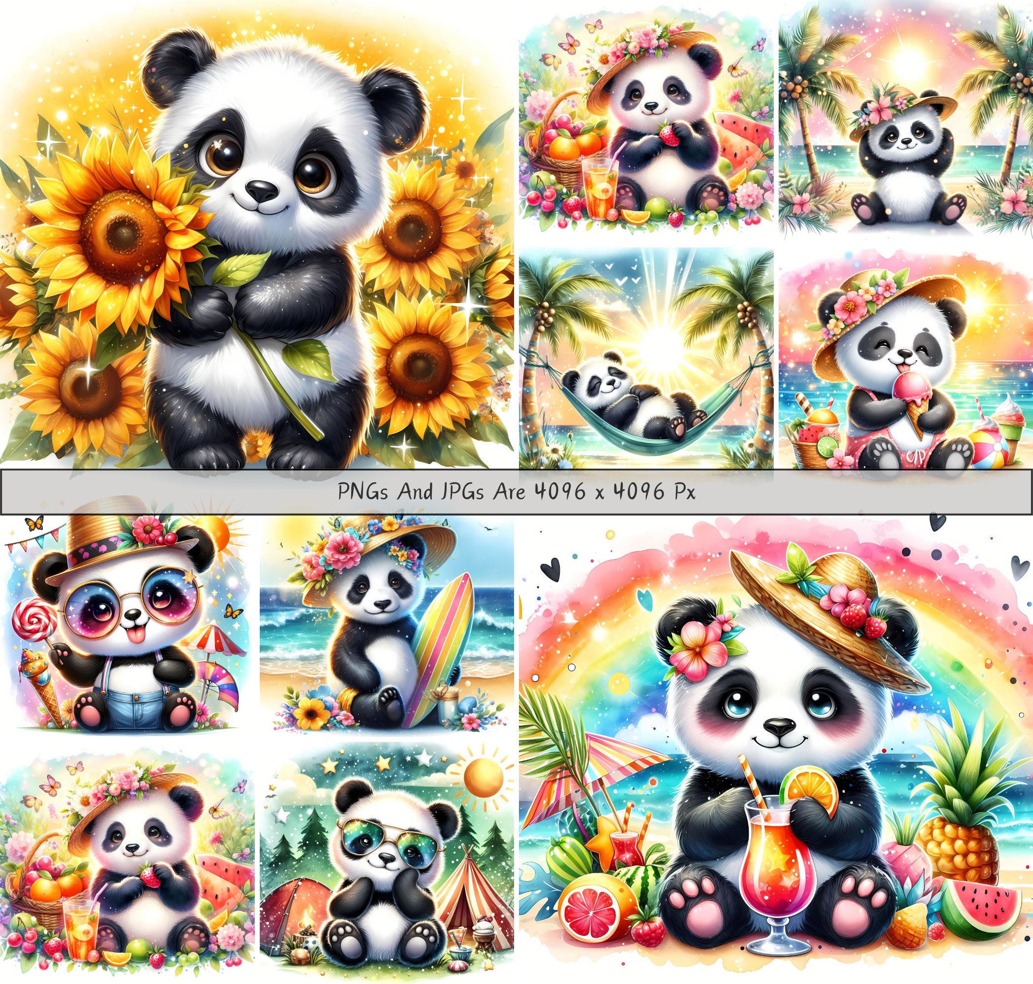 Cute Summer Pandas Clipart Bundle, Watercolor Panda Clip Art Images ...
