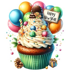 New Year Cupcakes Clipart Bundle, Year's Eve Watercolor Clip Art Images ...