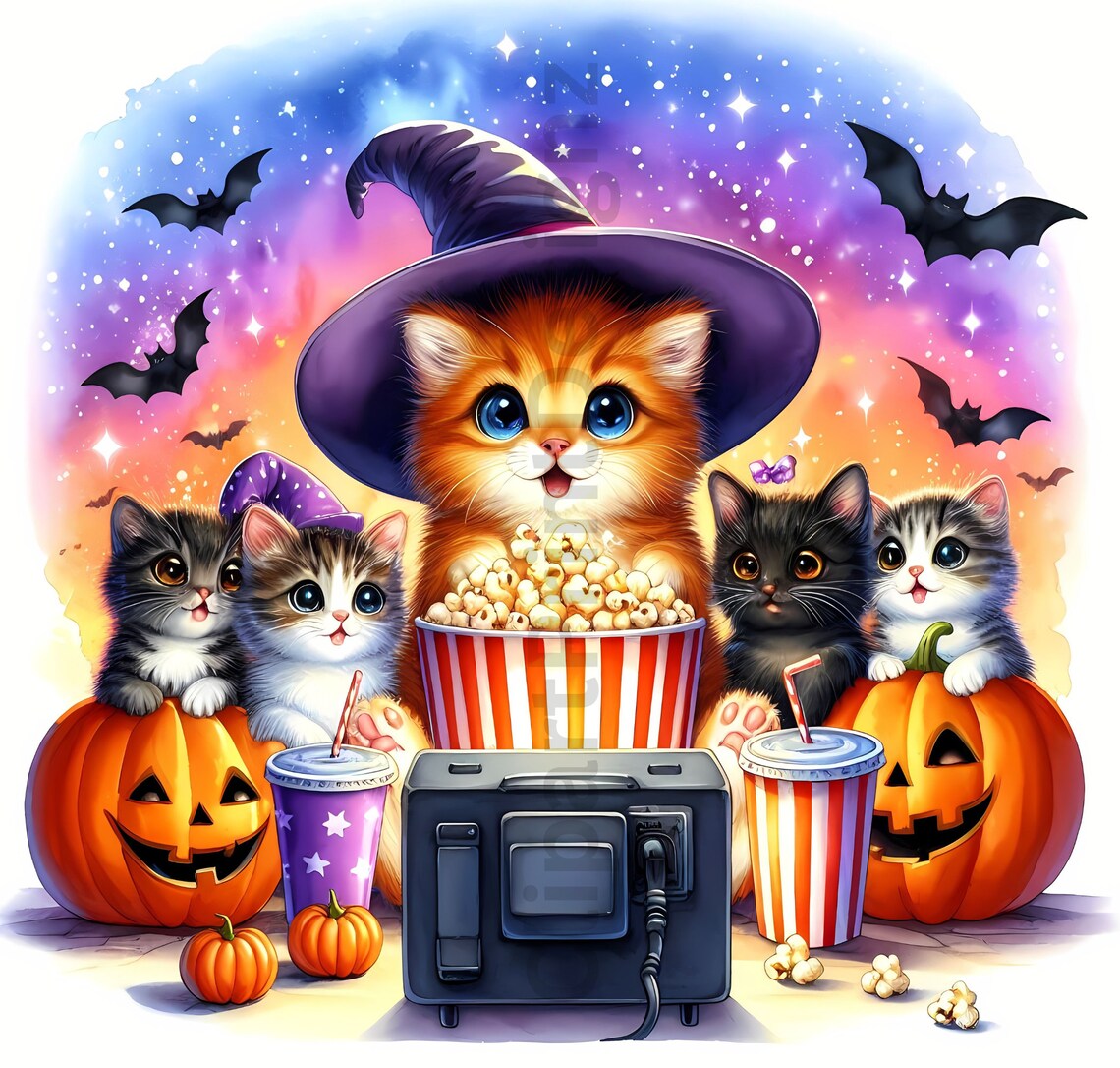 Cute Halloween Kittens Clipart Bundle, Watercolor Kitten Clip Art ...