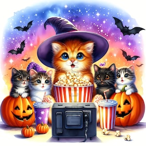Cute Halloween Kittens Clipart Bundle, Watercolor Kitten Clip Art ...