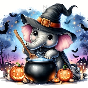 Cute Halloween Elephants Clipart Bundle, Watercolor Elephant Clip Art Images, High Quality ...