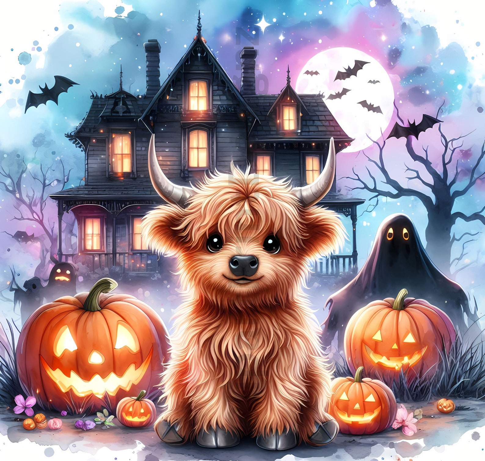 Cute Halloween Highland Cows Clipart Bundle, Watercolor Cow Clip Art ...